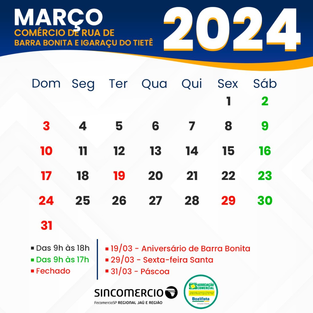 Calendário - Março 2024 | Associação Comercial de Barra Bonita e ...